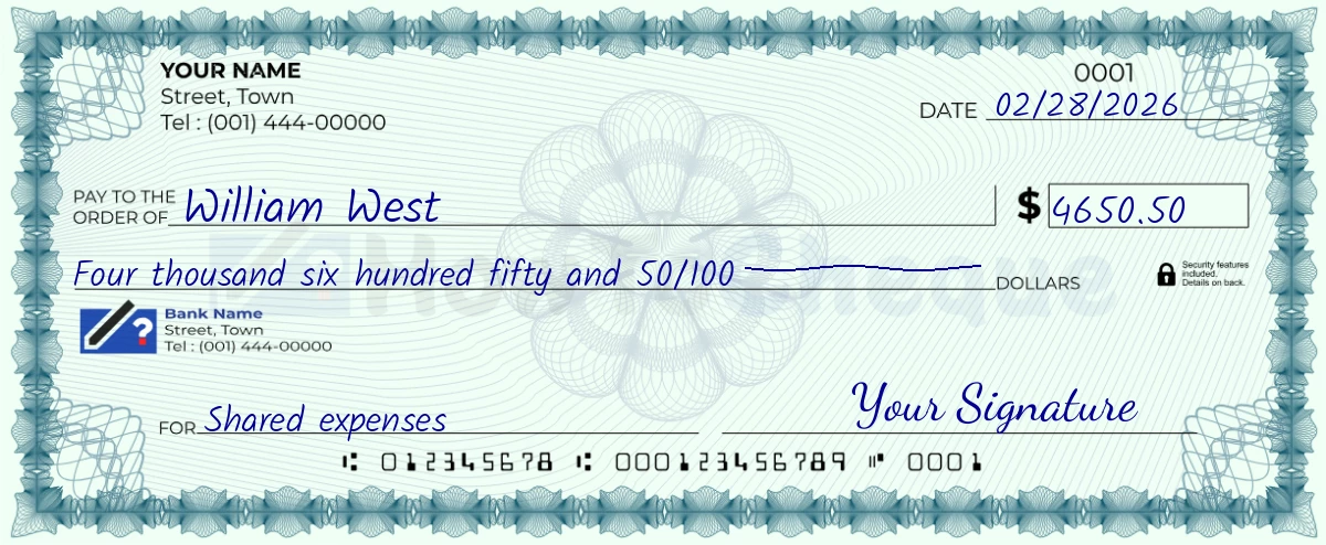 $4650 Check - How to Write a Check for 4650 Dollars?